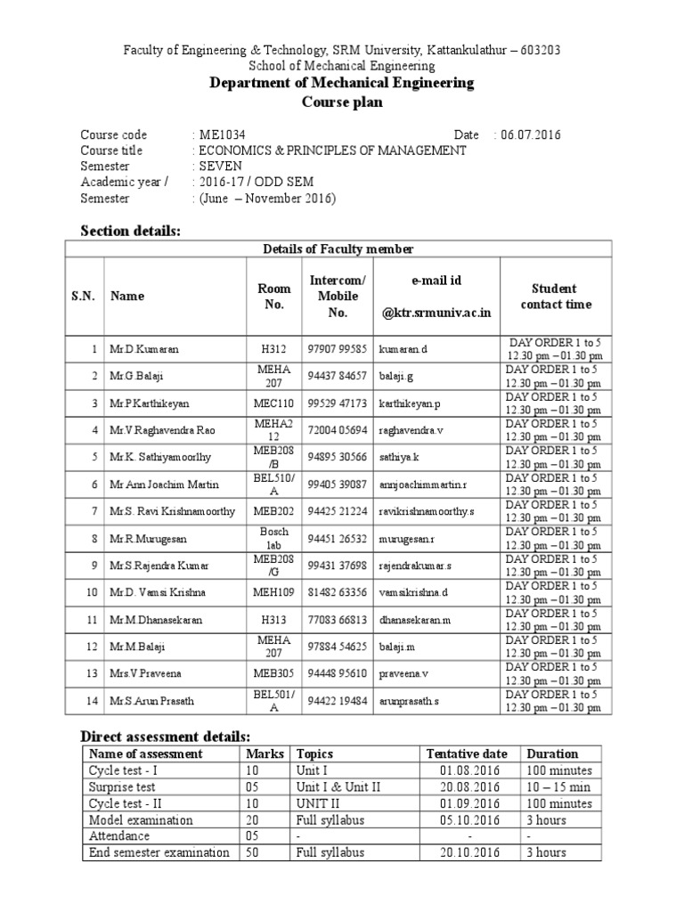 ME1034-Lesson Plan - 2016-17 | PDF | Demand | Supply Chain Management