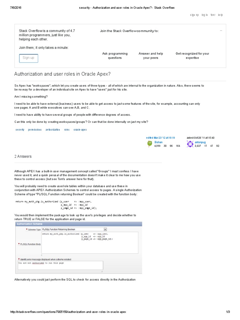 Security Authorization And User Roles In Oracle Apex Stack Overflow Pdf Pdf Plsql Sql