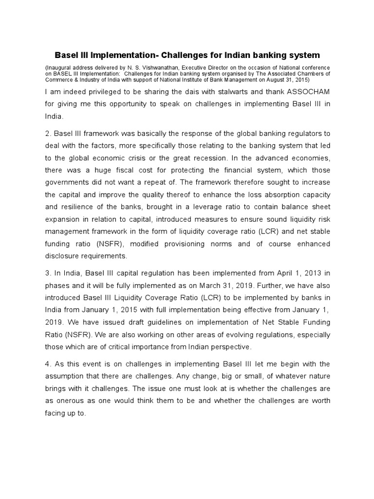 Speech by N S Vishwanathan RBI ED On Basel 3 Implementation | PDF ...