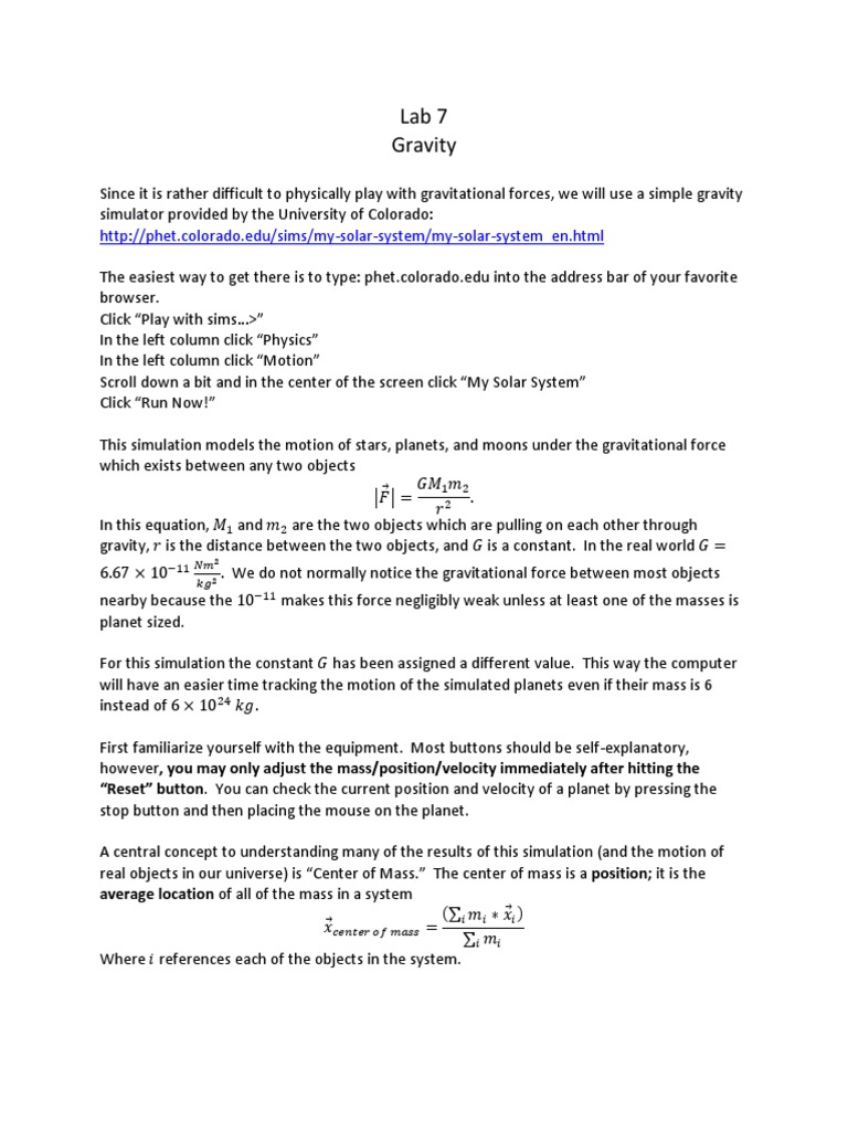 Gravity Simulation Lab Guide | PDF | Orbit | Apsis