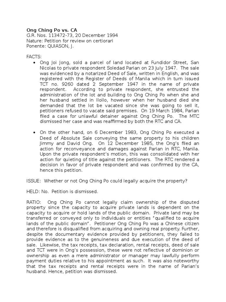 Ong Ching Po Vs CA | PDF