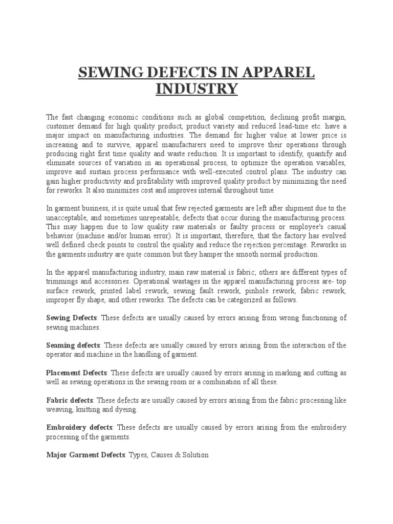 Sewing Defects in Apparel Industry | PDF | Sewing | Clothing