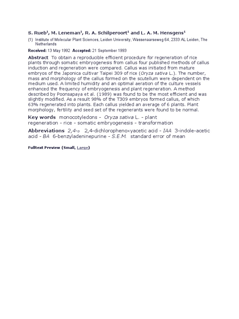 Regeneration of Rice Calli | PDF