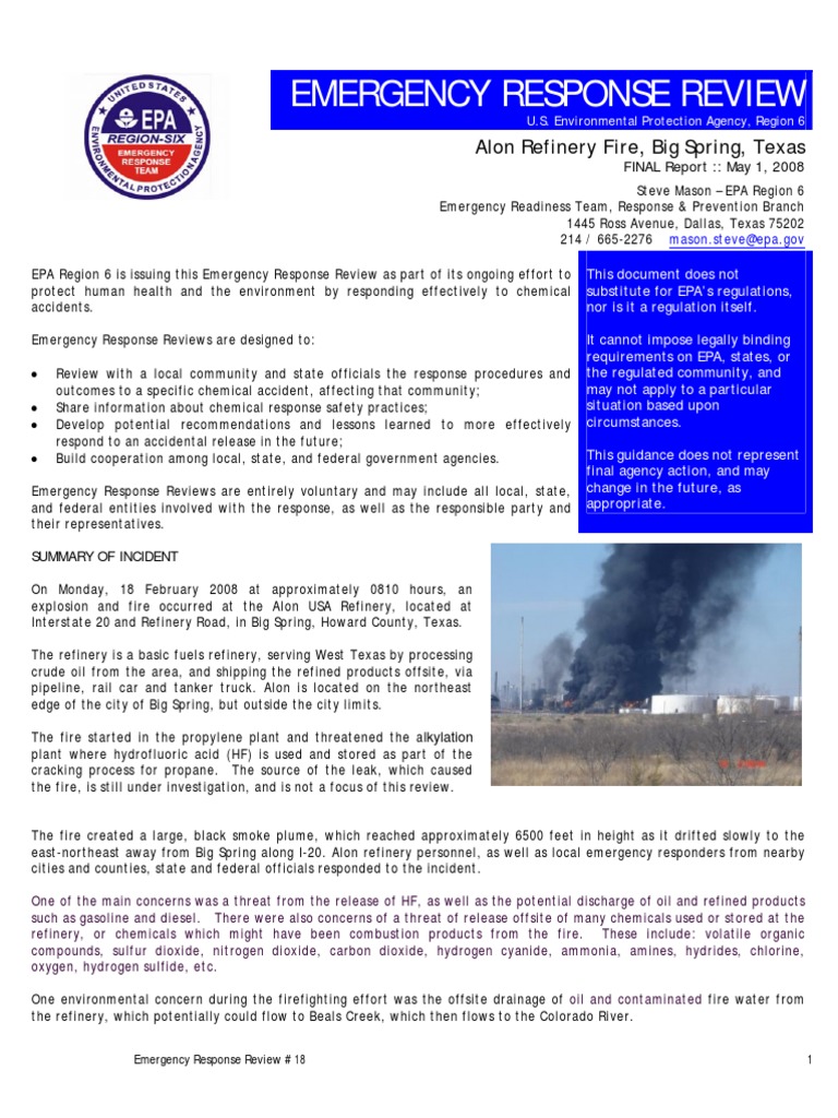 Emergency Response Review: Alon Refinery Fire, Big Spring, Texas | PDF Emergency Response Review: Alon Refinery Fire, Big Spring, Texas | PDF