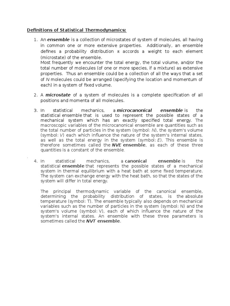 Definitions of Statistical Thermodynamics:: Ensemble Is | PDF