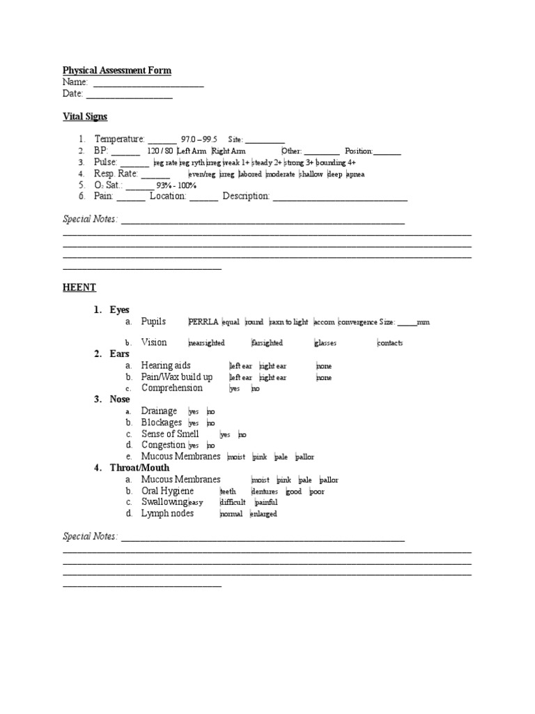 Physical Assessment Form 1 | PDF
