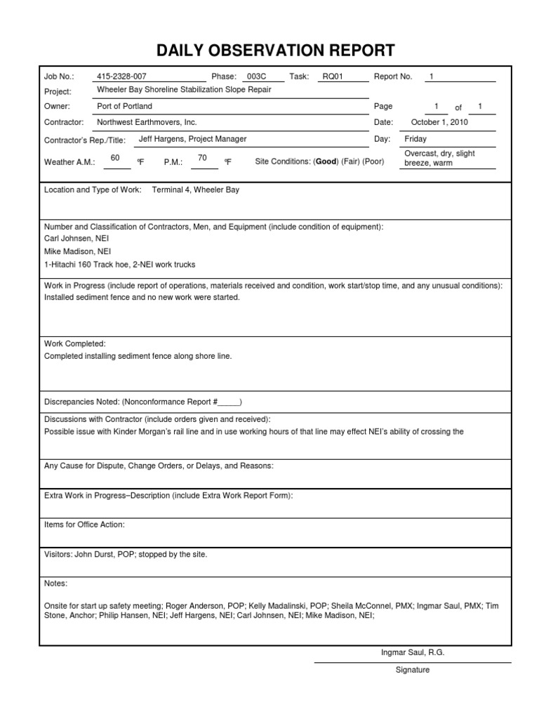 Daily Observation Report PDF | PDF | Heavy Equipment | Anchor