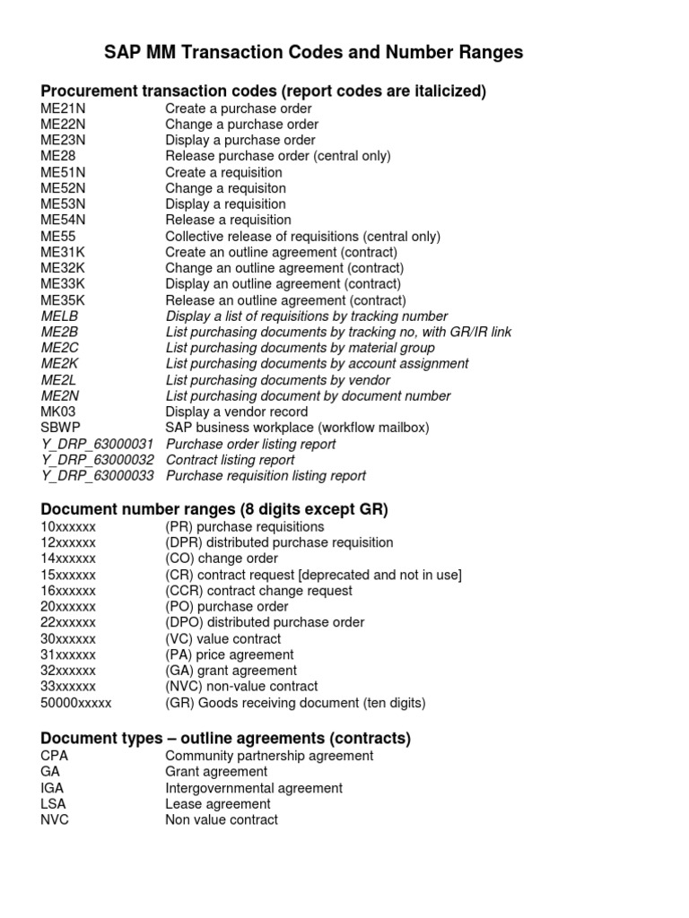 Sap Mm Transaction Codes And Number Ranges Pdf
