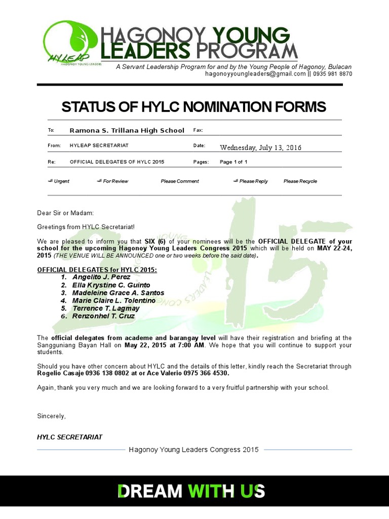 Status of Hylc Nomination Forms: A Servant Leadership Program For and ...