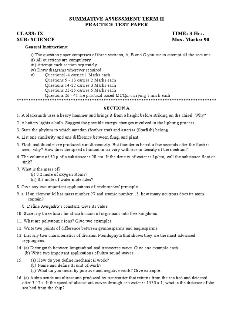 Class IX Practice Test SA2 Paper | PDF | Biogas | Atomic Mass Unit