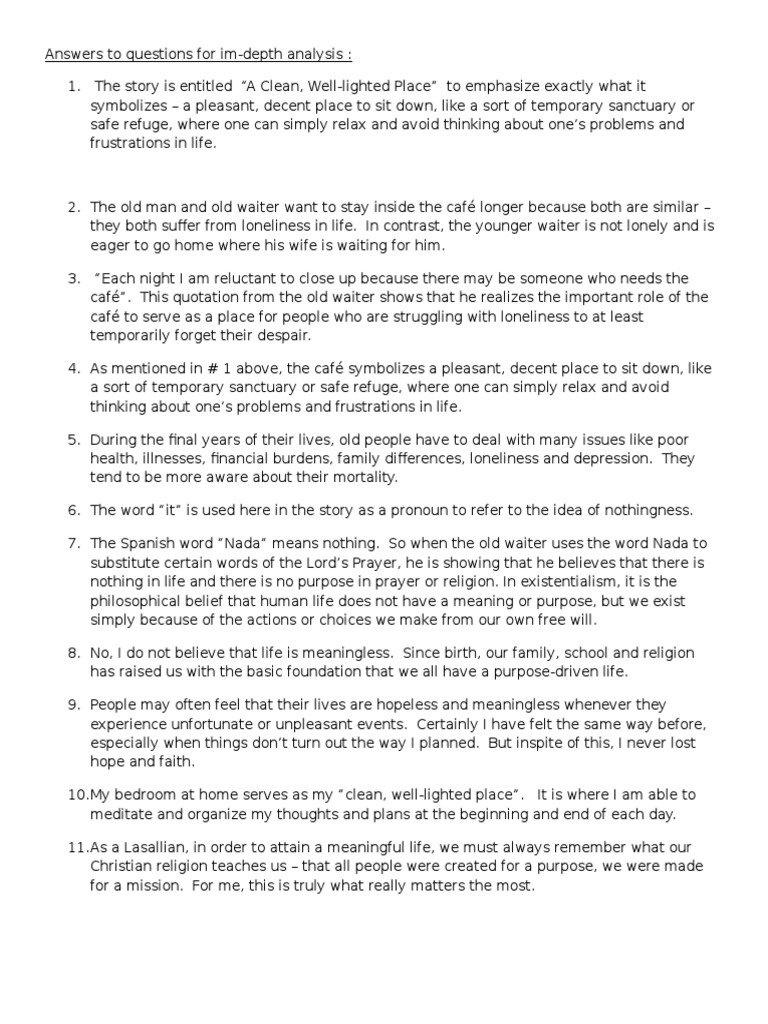 A Clean Well Lighted Place Answers To Guide Questions | PDF ...