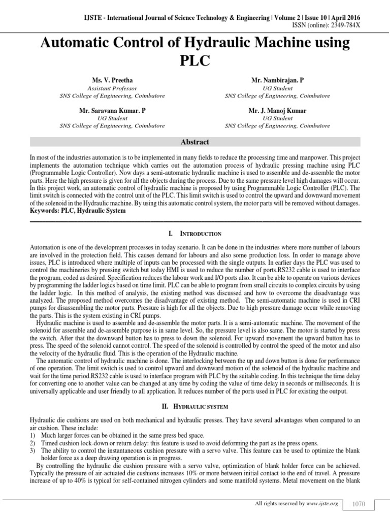 Automatic Control of Hydraulic Machine Using PLC | PDF | Programmable ...