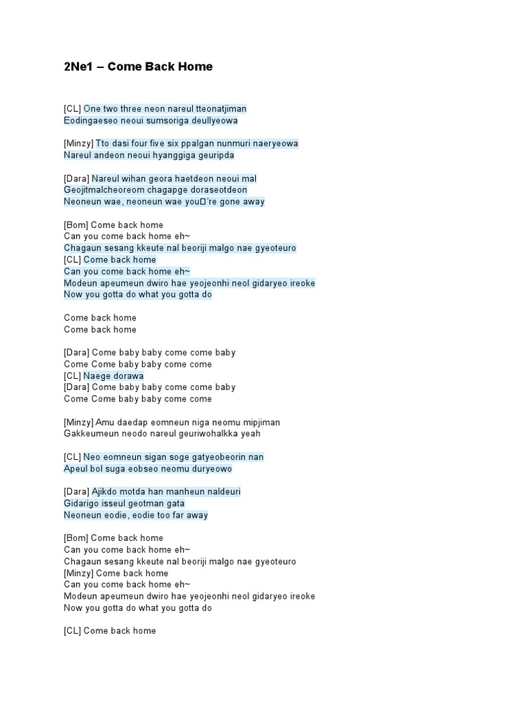 2ne1 - Come Back Home - Lyrics | PDF