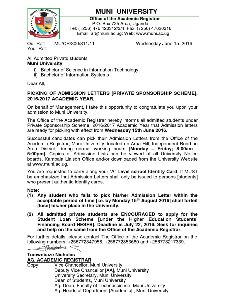 Muni University Private Admission List 2016/2017 | PDF | Academia ...