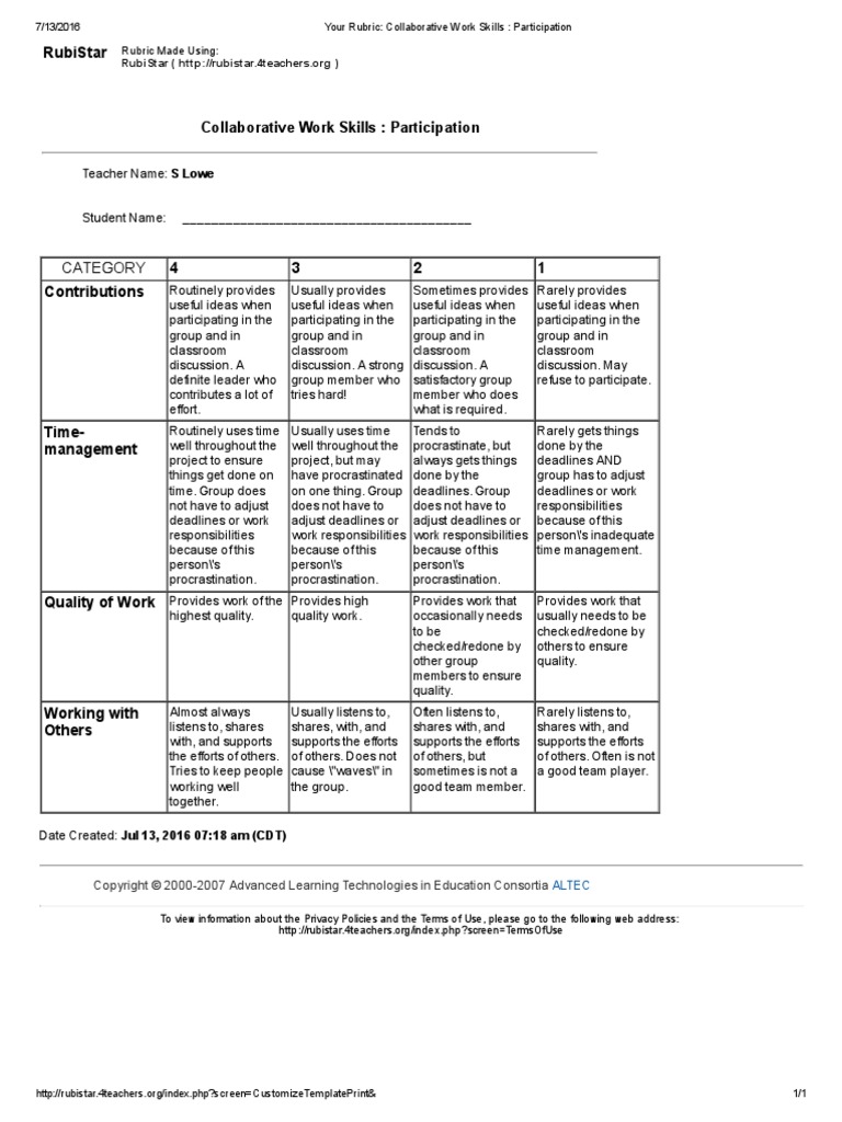 Your Rubric Collaborative Work Skills Participation | PDF