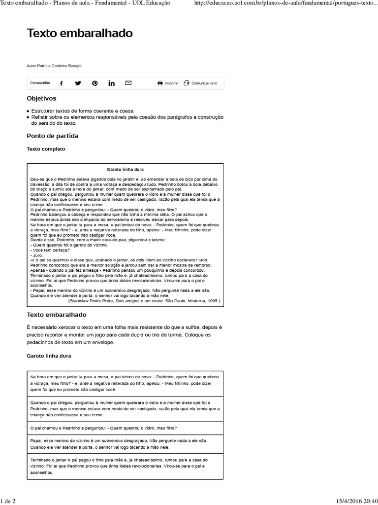 Texto Embaralhado - Planos de Aula - Fundamental - UOL Educação | PDF