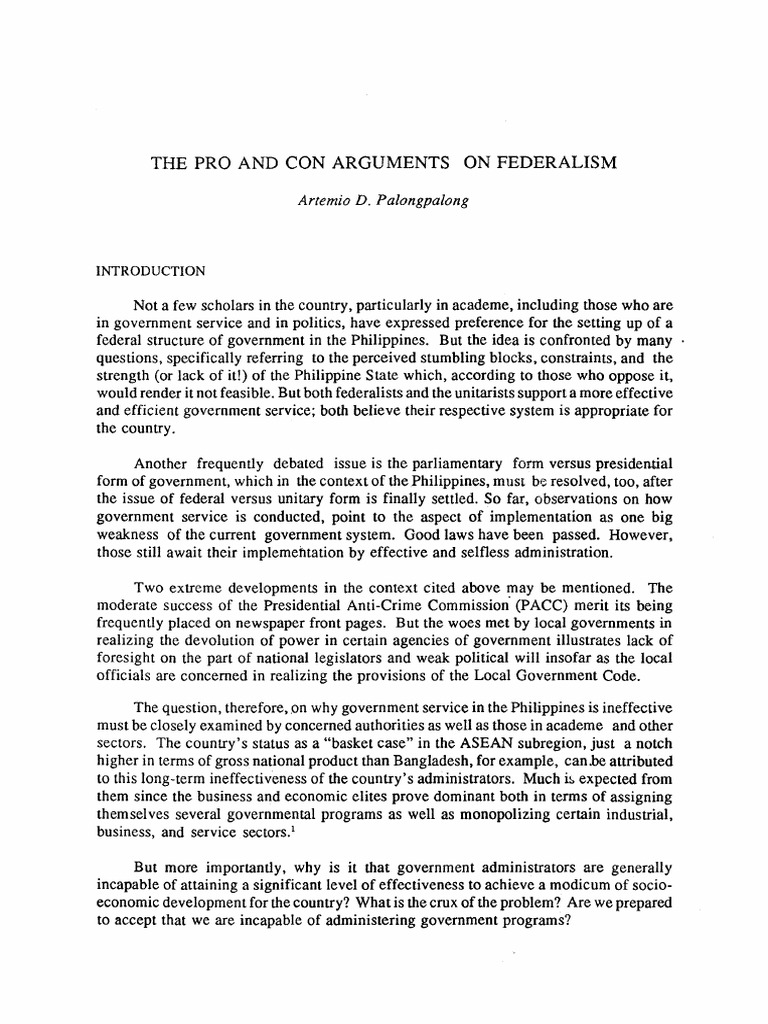 The Pro and Con Arguments On Federalism: Artemio D. Palongpalong | PDF ...
