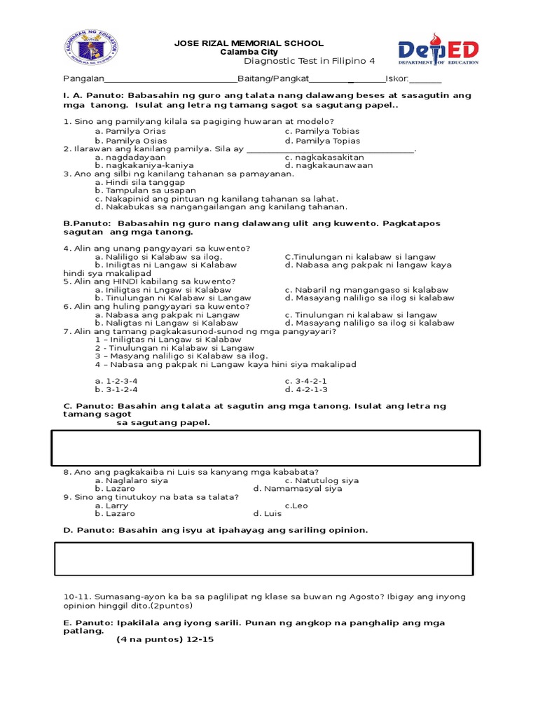 Diagnostic Test Filipino 4 | PDF