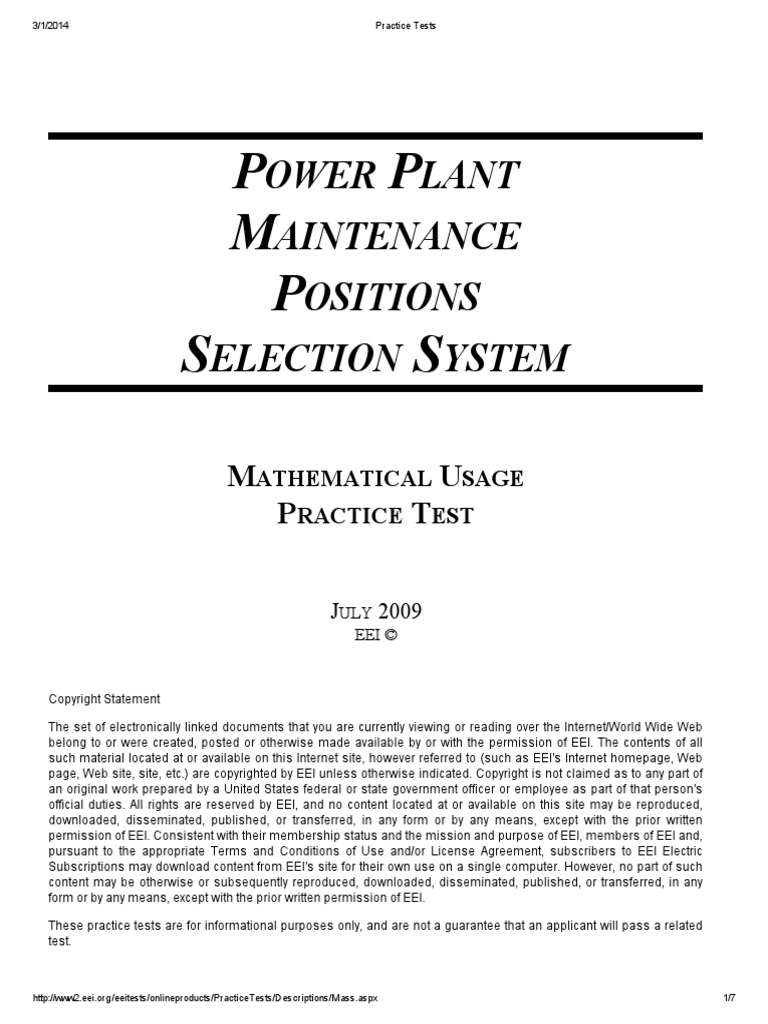 Power Plant Mathematical Usage Practice Test | PDF | Gallon | Pound (Mass)