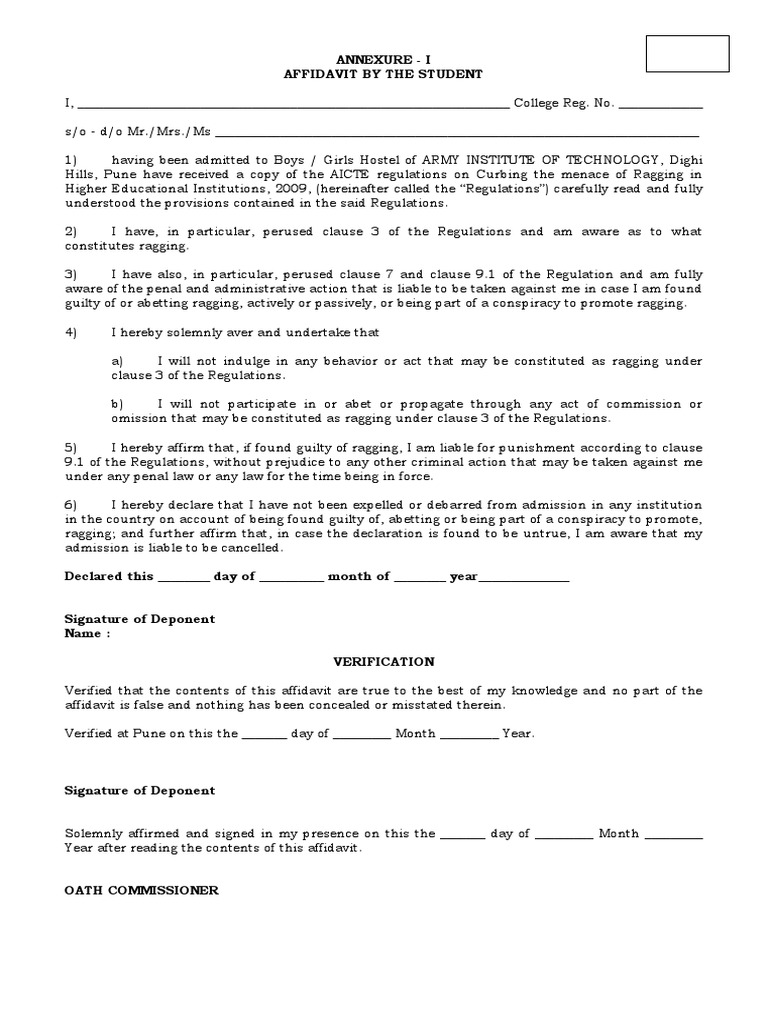 Annexure - I Affidavit by The Student | PDF | Affidavit | Document
