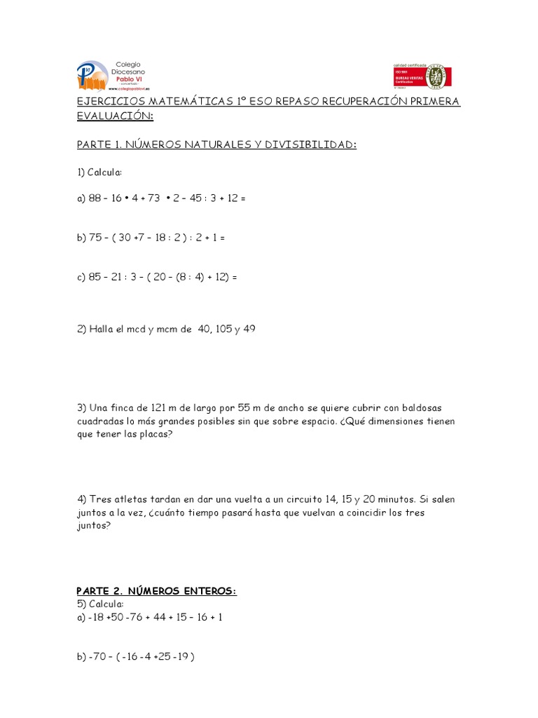 Ejercicios Matem 1º Eso Repaso Recup 1 Eval Con Soluciones | PDF