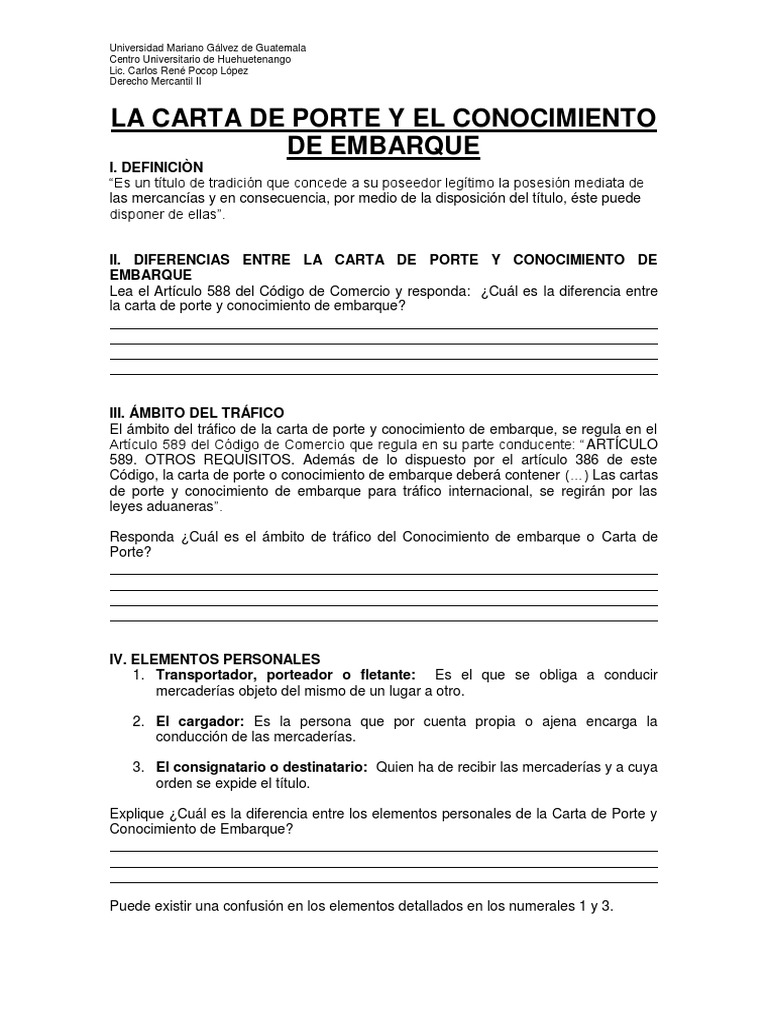Carta de Porte y Conocimiento de Embarque en Guatemala | PDF | Guía de ...