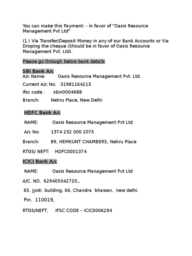 Oasis Bank Account Details. | PDF