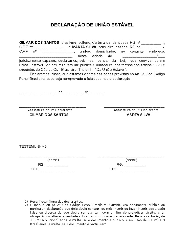 Modelo de Declaração Simples de União Estavel | PDF