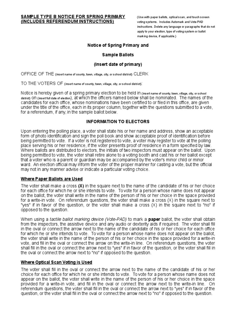 Sample Type B Notice For Spring Primary Paper Os 13975 | PDF | Ballot ...