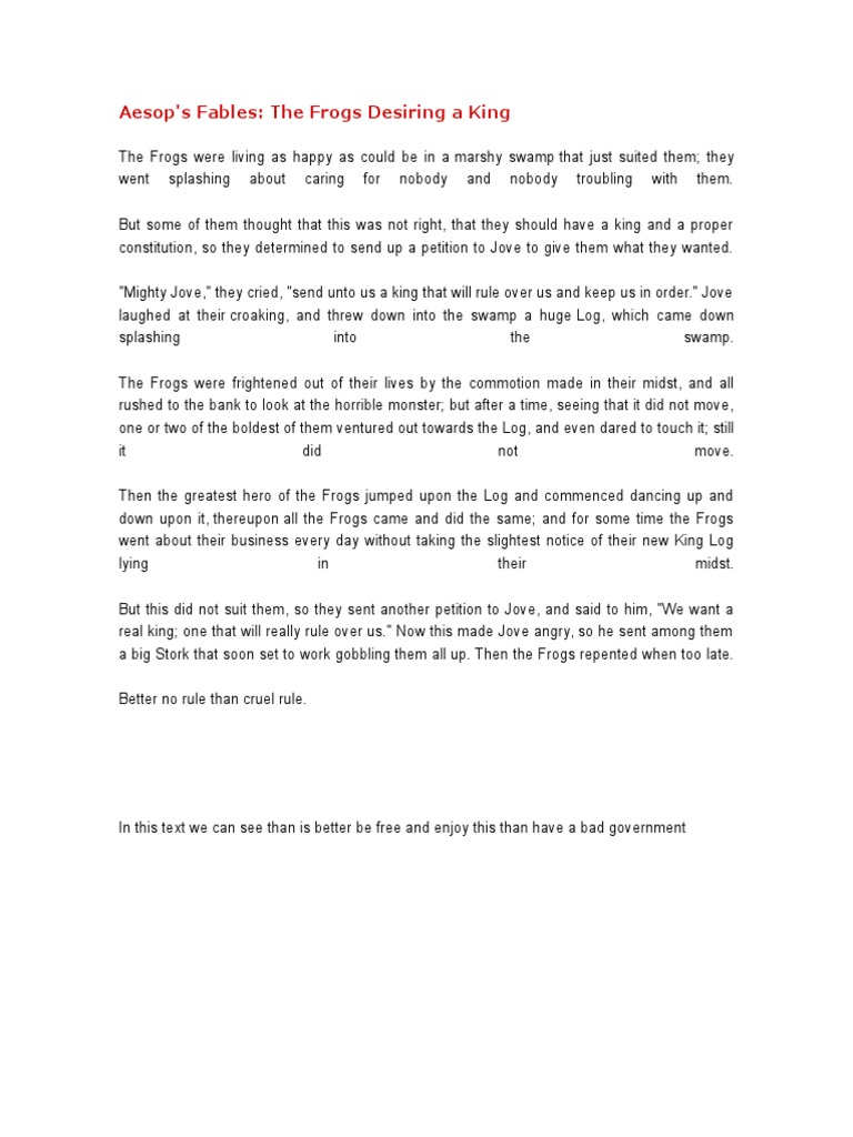 Aesop's Fables: The Frogs Desiring A King | PDF