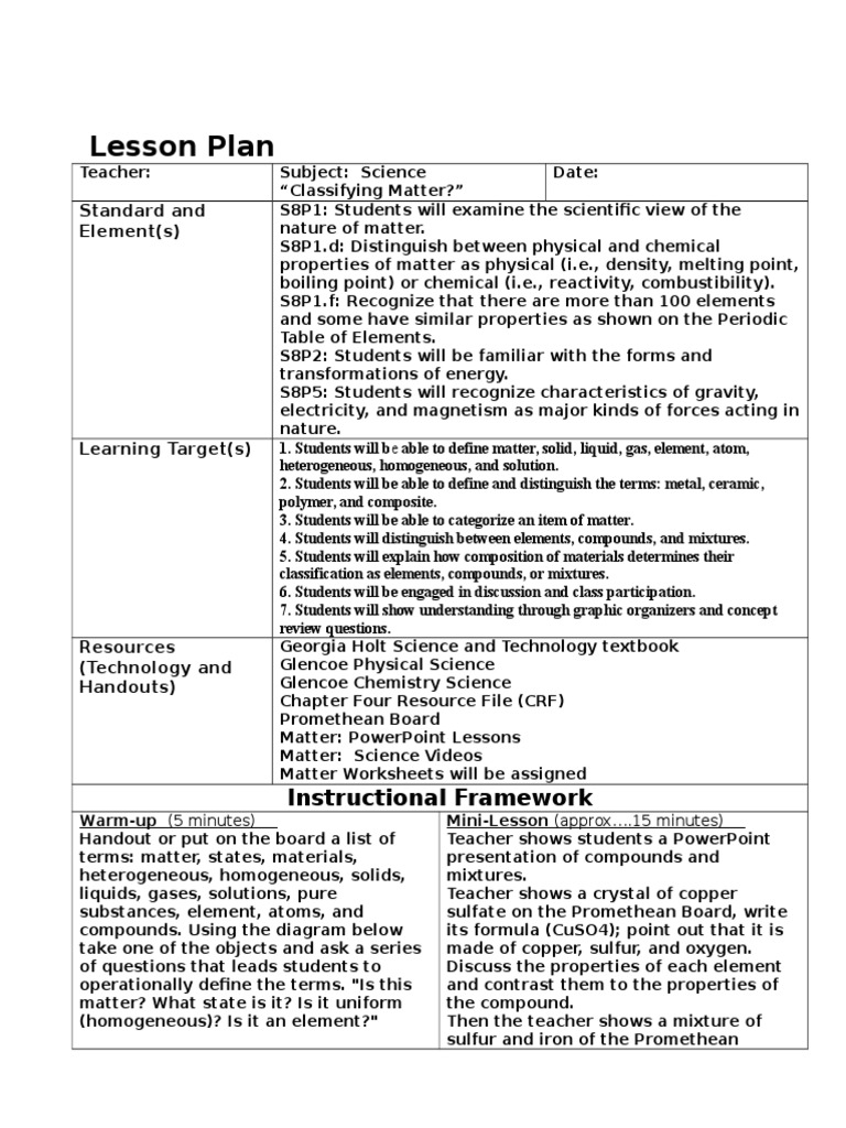 Science Lesson Plan Classifying Matter | PDF | Chemical Substances ...