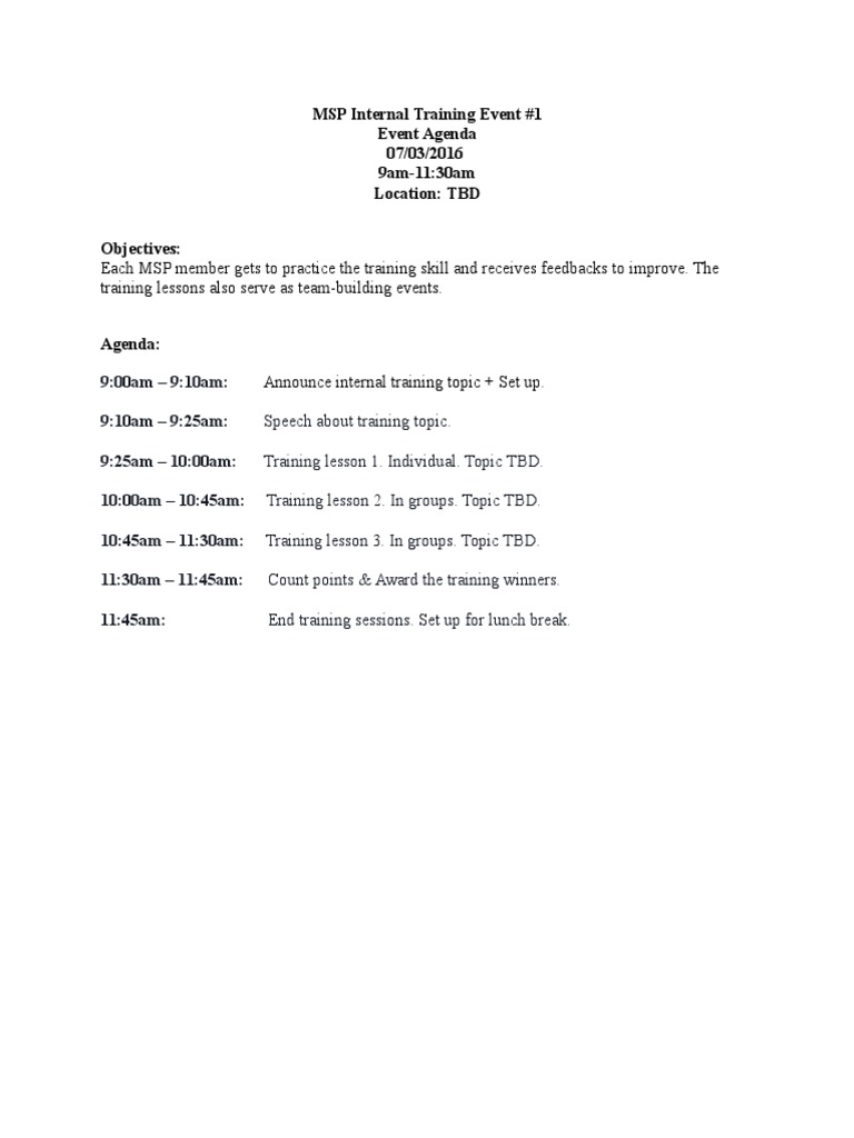 Internal Training Agenda | PDF
