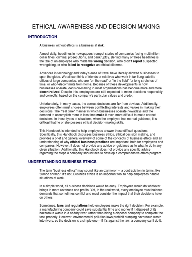Ethical Awareness and Decision Making | Business Ethics | Value (Ethics)