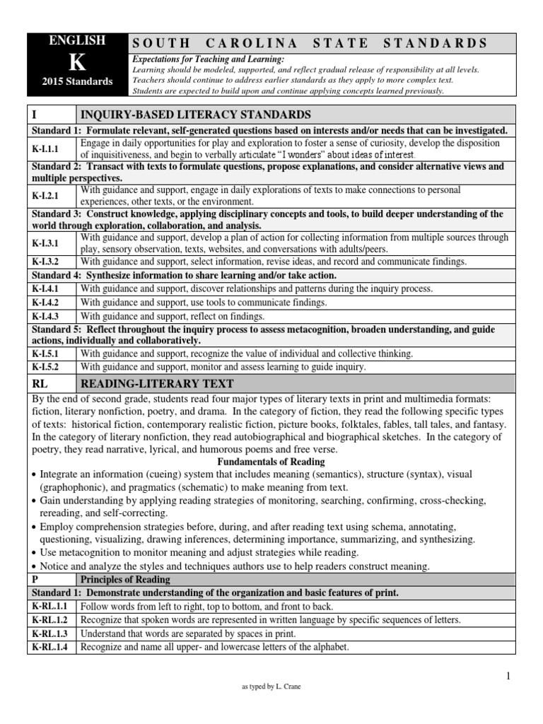 Kindergarten Standards For South Carolina | PDF | Syllable | Weather