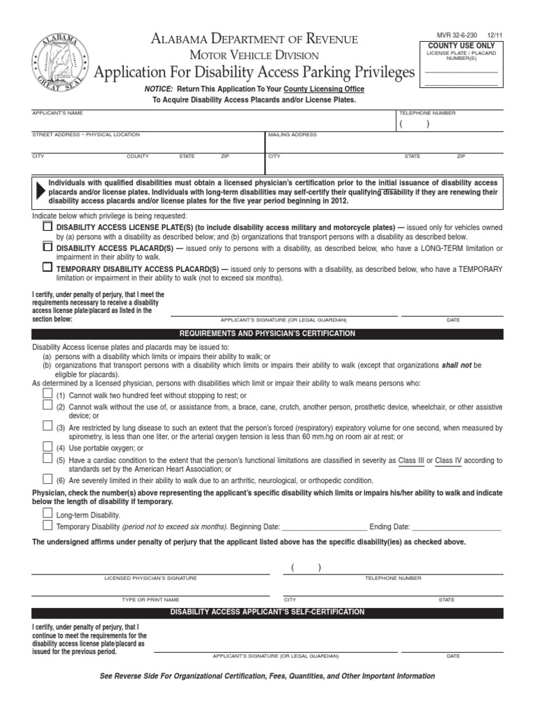 Alabama Disability Access Parking Privileges Application | PDF ...