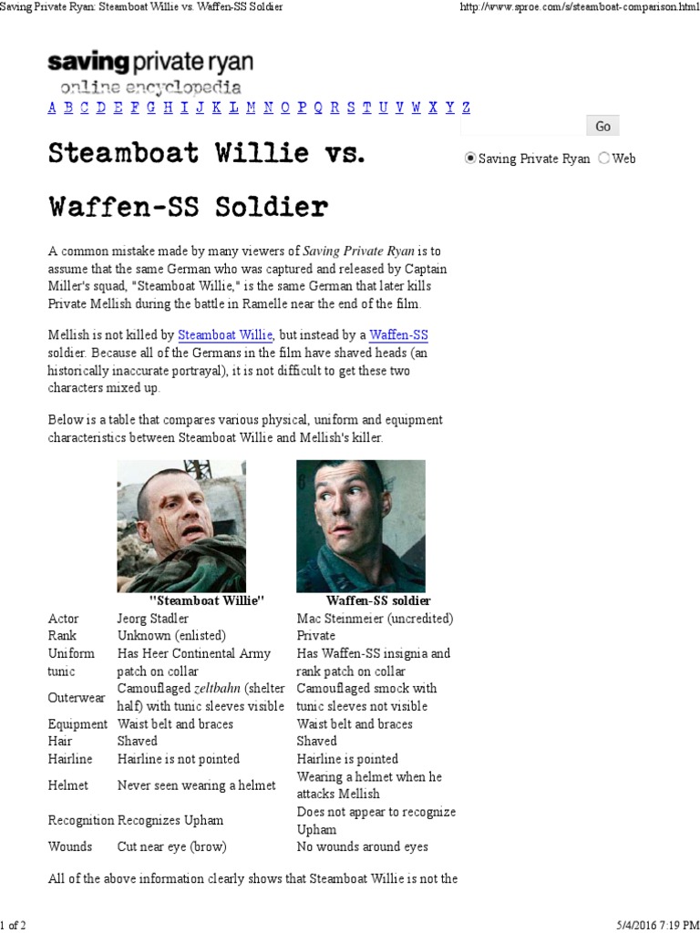 Saving Private Ryan - Steamboat Willie Vs Waffen SS Rifleman | PDF