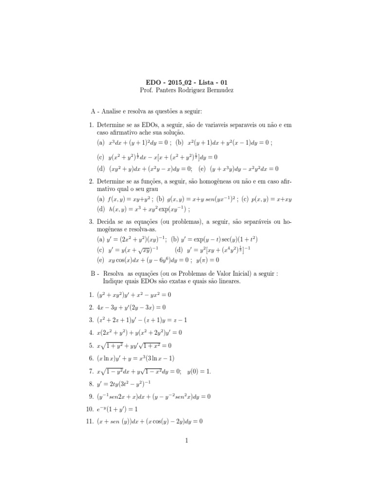 Lista 1 EDO | PDF
