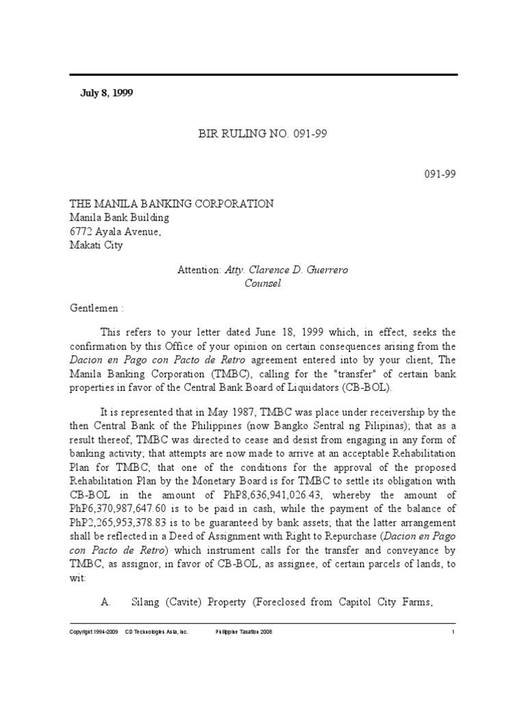 BIR Ruling 091-99 PDF | PDF | Mortgage Law | Capital Gains Tax
