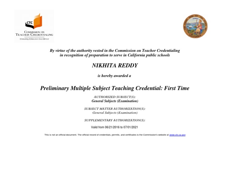 Preliminary Multiple Subject Teaching Credential | PDF