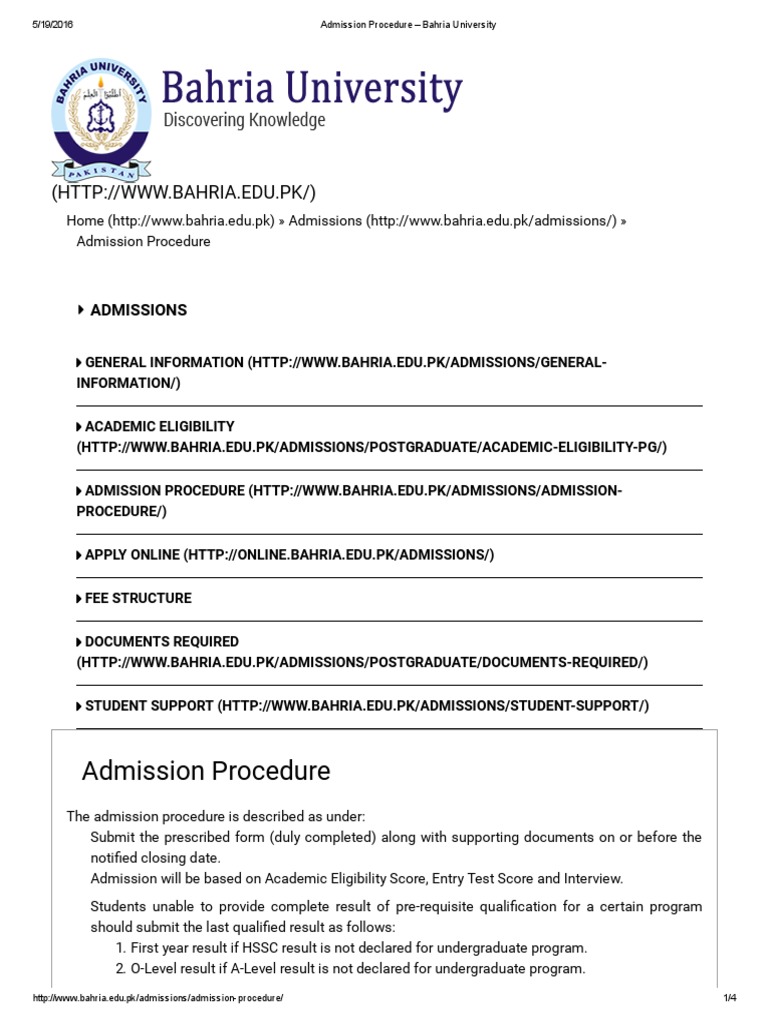 Admission Procedure - Bahria University | PDF | University And College ...