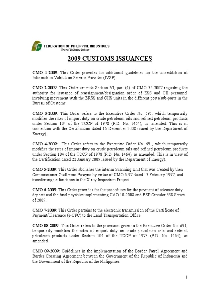 Summary of Customs Issuances by the Bureau of Customs in 2009 | PDF ...
