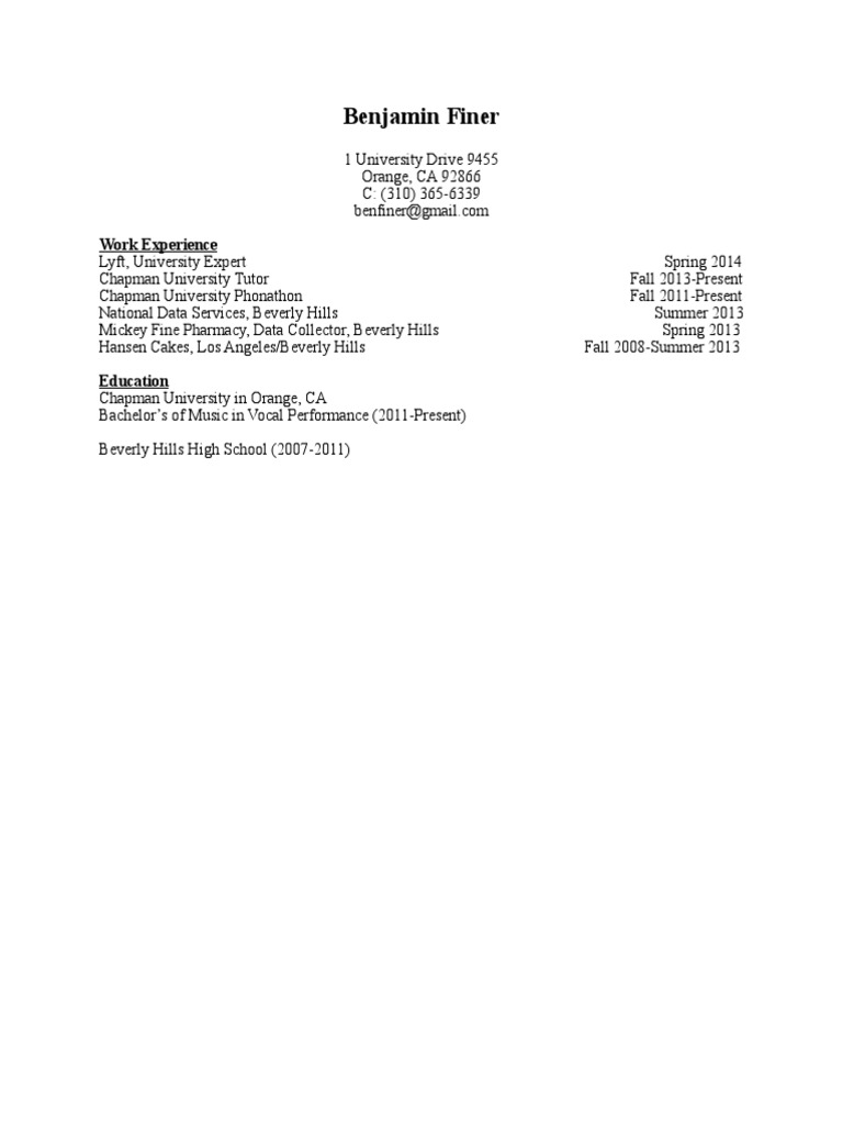 Benjamin Finer: Work Experience | PDF | Language Arts & Discipline ...