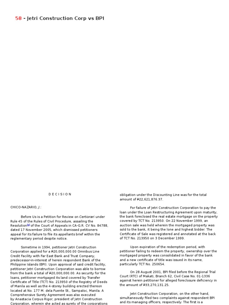 Jetri Construction Corp Vs BPI | PDF | Foreclosure | Brief (Law)