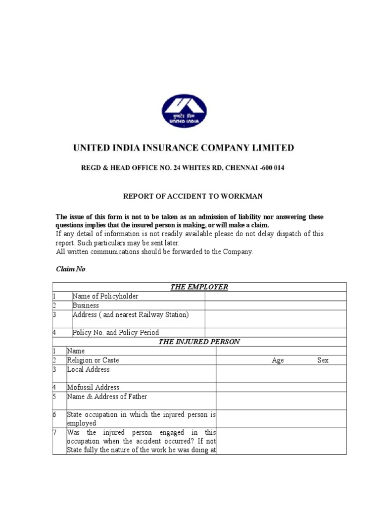 WC claim form claim form New india | Insurance | Social Institutions