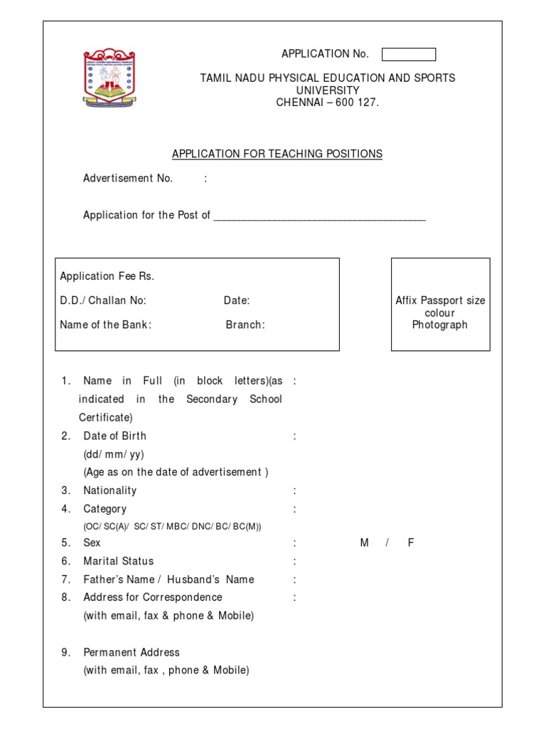 Tamil Nadu Physical Education Job Application | PDF | Doctor Of ...