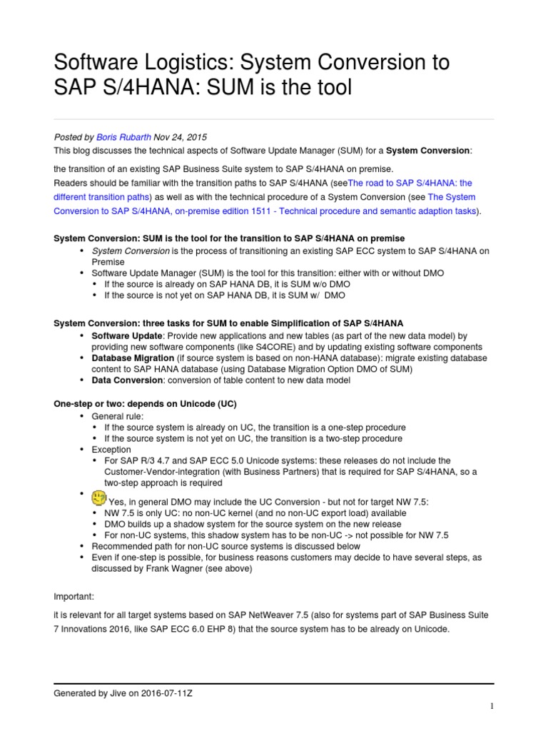 System Conversion To Sap S4hana Sum Is The Tool | PDF | Sap Se | Databases