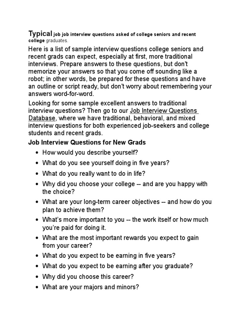 Typical: Job Interview Questions For New Grads | PDF | Job Interview ...