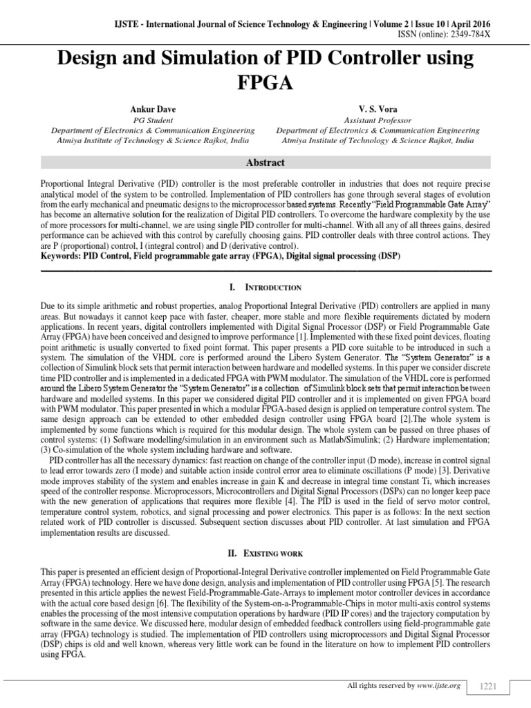 Design And Simulation Of Pid Controller Using Fpga Pdf Field Programmable Gate Array 
