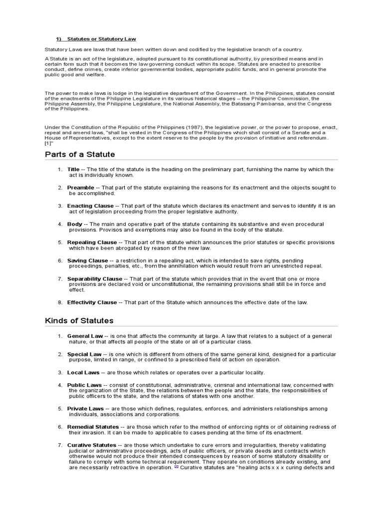Parts of A Statute: 1) Statutes or Statutory Law | PDF | Ex Post Facto ...