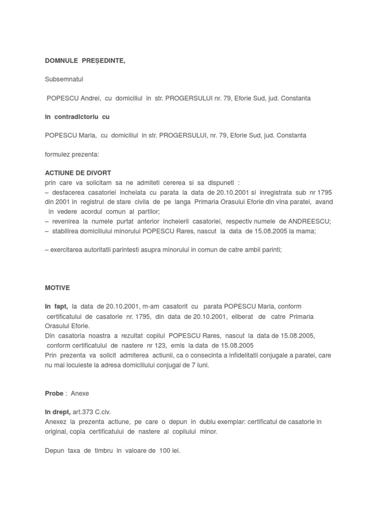 Model Cerere Divort-cu minori